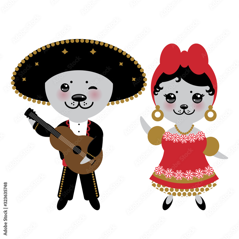 Cubans funny Kawaii gray cat boy and girl in national costume and hat ...