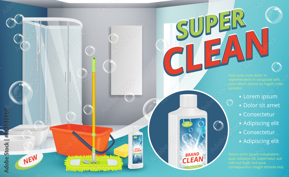 Cleaning agent. Advertizing placard power cleaning spray for surface ...