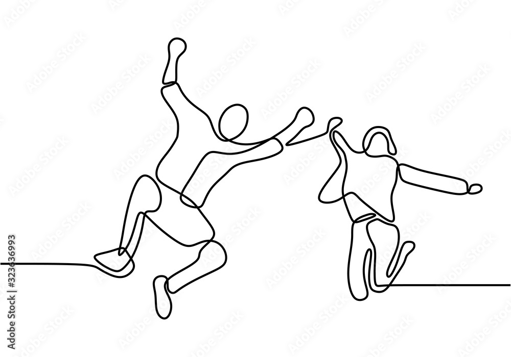 One line drawing people jump, vector illustration of man and woman ...