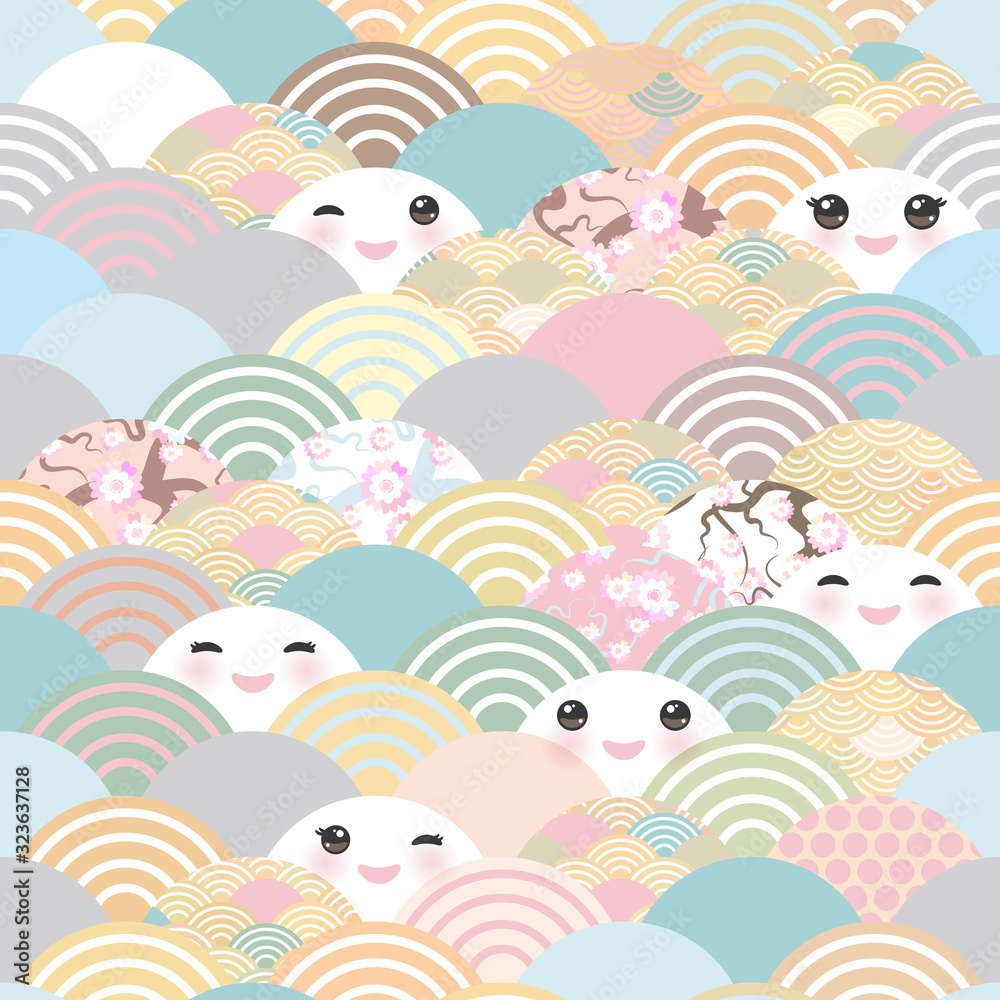 seamless pattern Kawaii with pink cheeks and winking eyes simple Nature ...