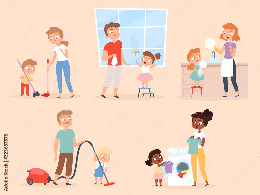 Kids housework. Children helping parents cleaning and washing room ...