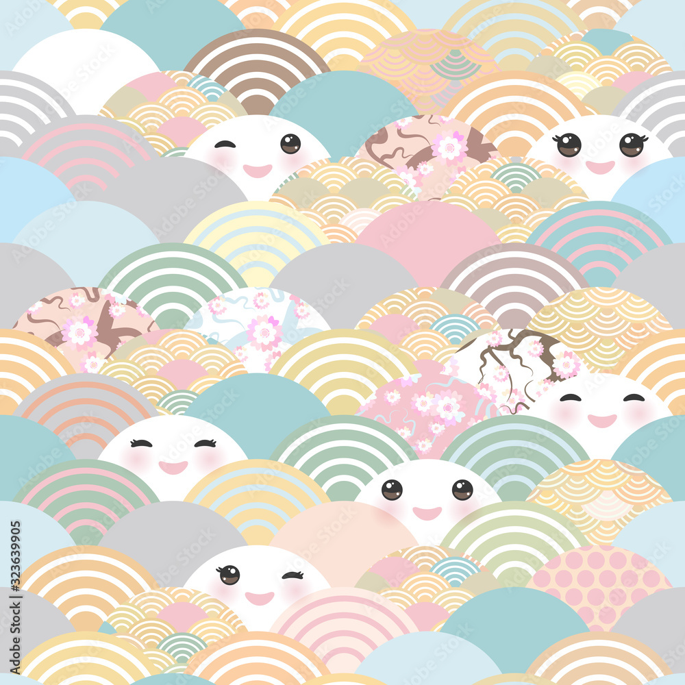 seamless pattern Kawaii with pink cheeks and winking eyes simple Nature ...