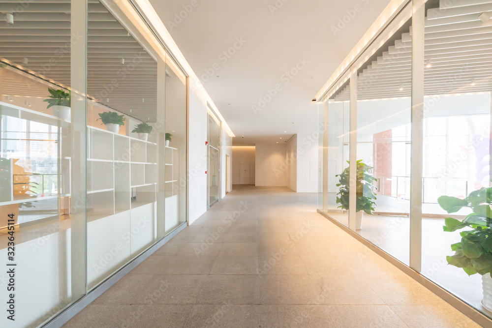 Empty floor tile and glass window in art center interior space Stock ...