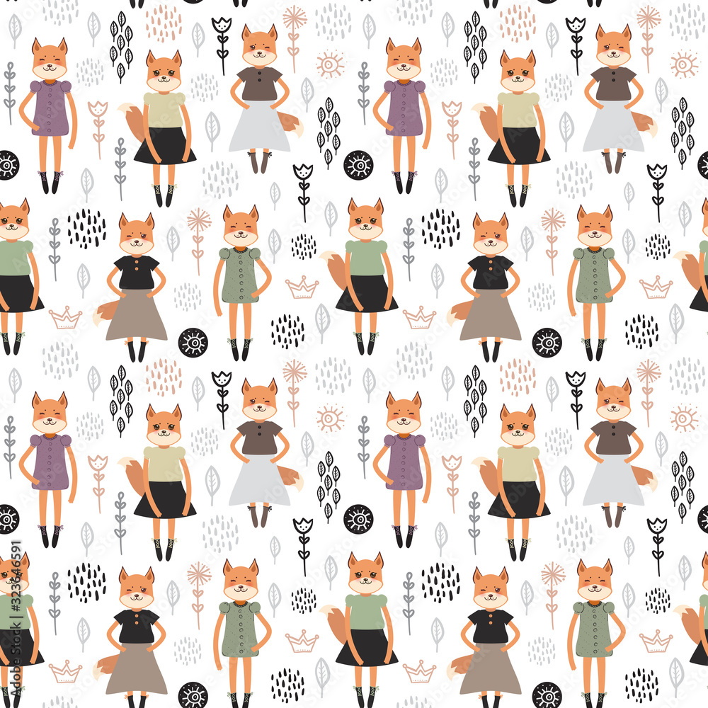 Seamless pattern funny Kawaii fox girl in dress, cartoon flowers green ...