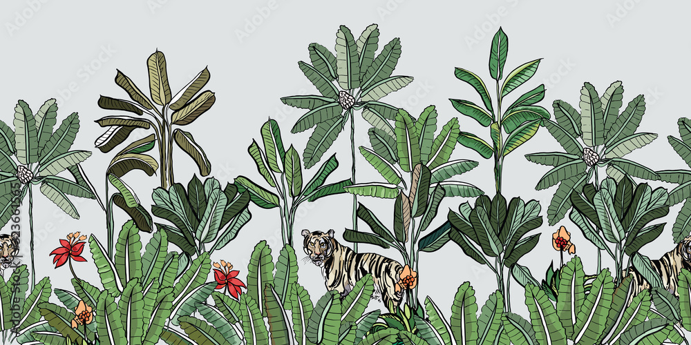 Seamless Border Tiger Animals in Tropical Jungle, Exotic Palm Trees ...