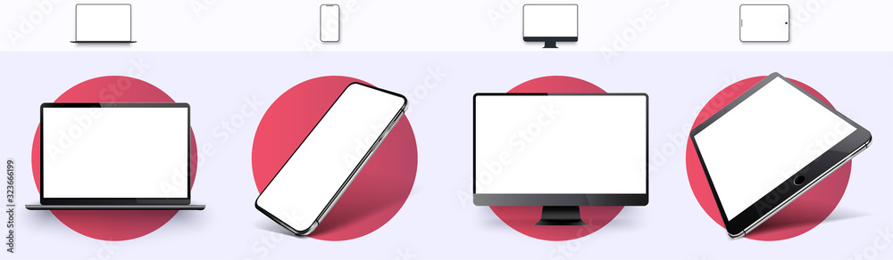 Realistic set of Monitor, laptop, tablet, smartphone, rotated position ...