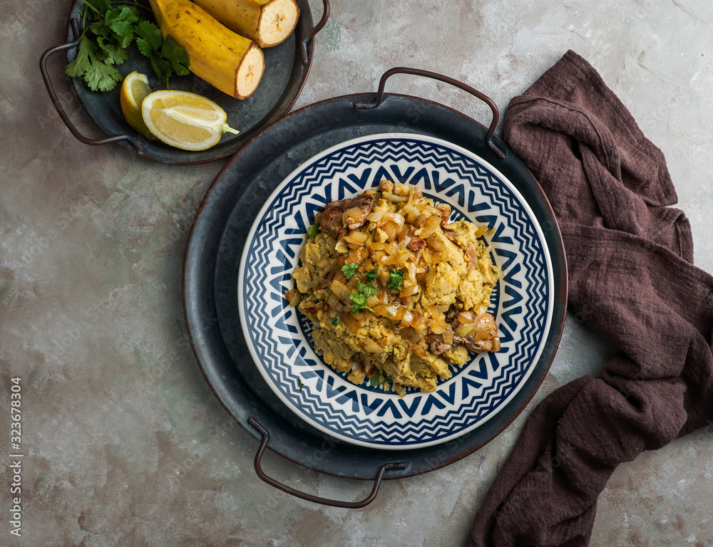 Mofongo, mashed boiled plantains with porc meat, onion. Puerto Rico ...