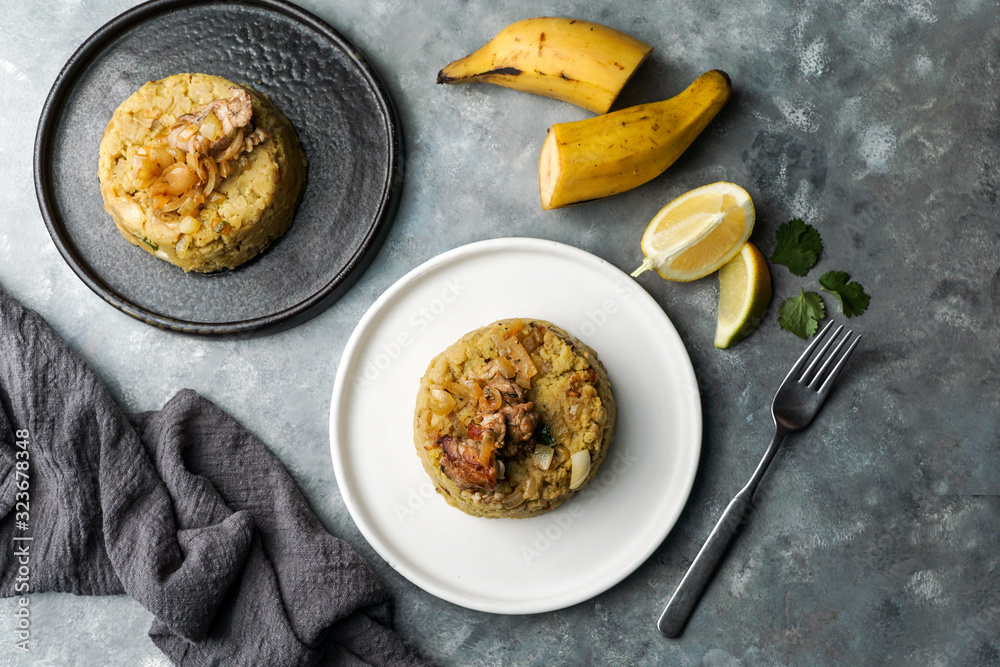 Mofongo, mashed boiled plantains with porc meat, onion. Puerto Rico ...