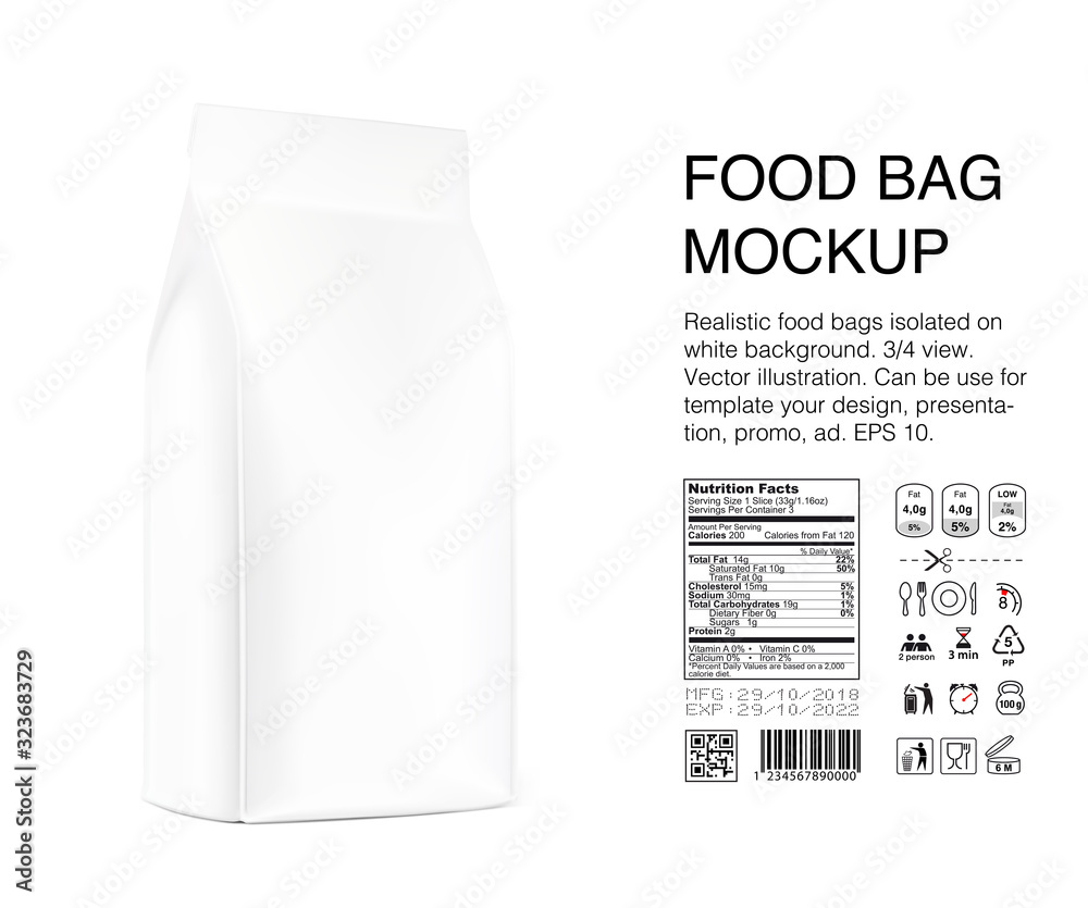 Realistic food bag with product information isolated on white ...