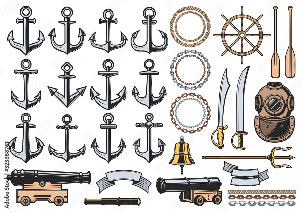 Nautical icons with vector sea ship anchors, ropes and chains, sail ...