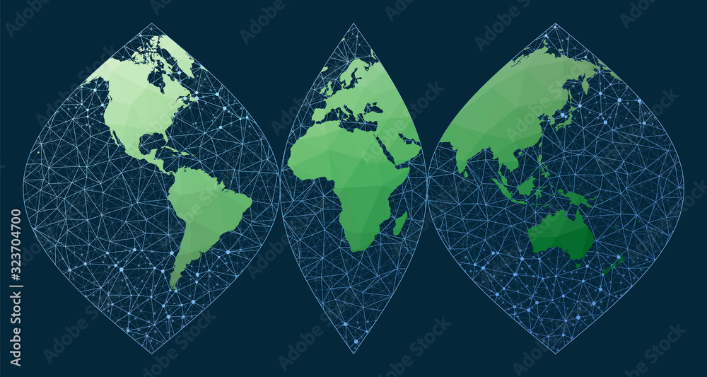 Abstract map of world network. Interrupted Sinusoidal projection. Green ...
