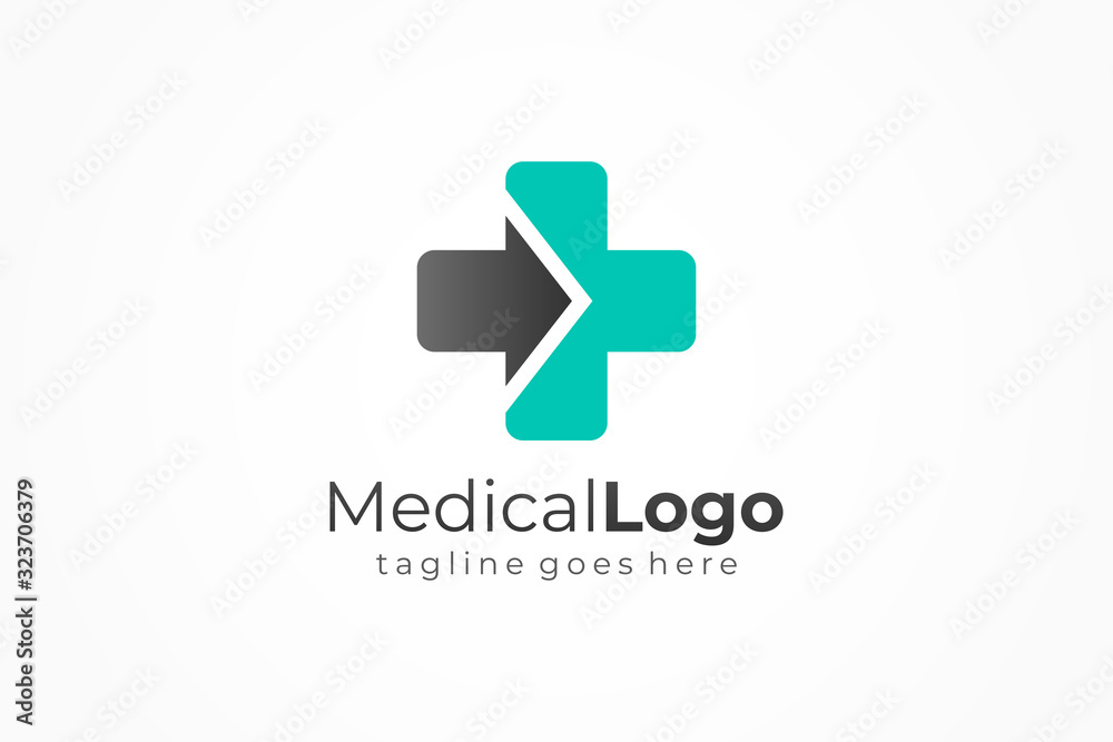 Cross Sign with Arrow Icon Medical Logo Health Symbol. Flat Vector Logo ...
