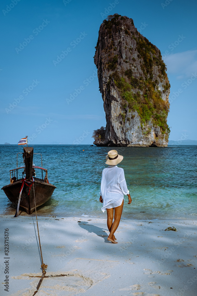 Koh Poda Krab Thailand, woman with hat on the beach of Koh Poda Island ...