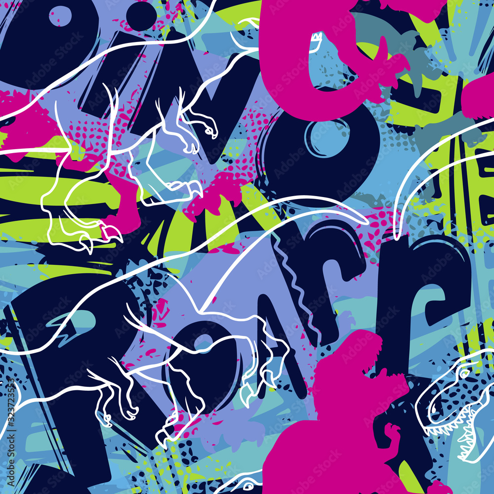 Dinosaur T rex color creative hand drawn seamless pattern for boys and ...