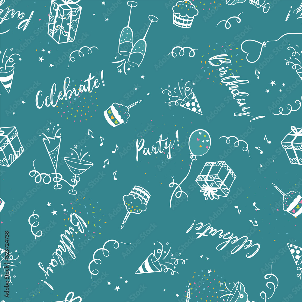 Cute hand drawn party seamless pattern, fun doodle background, great ...