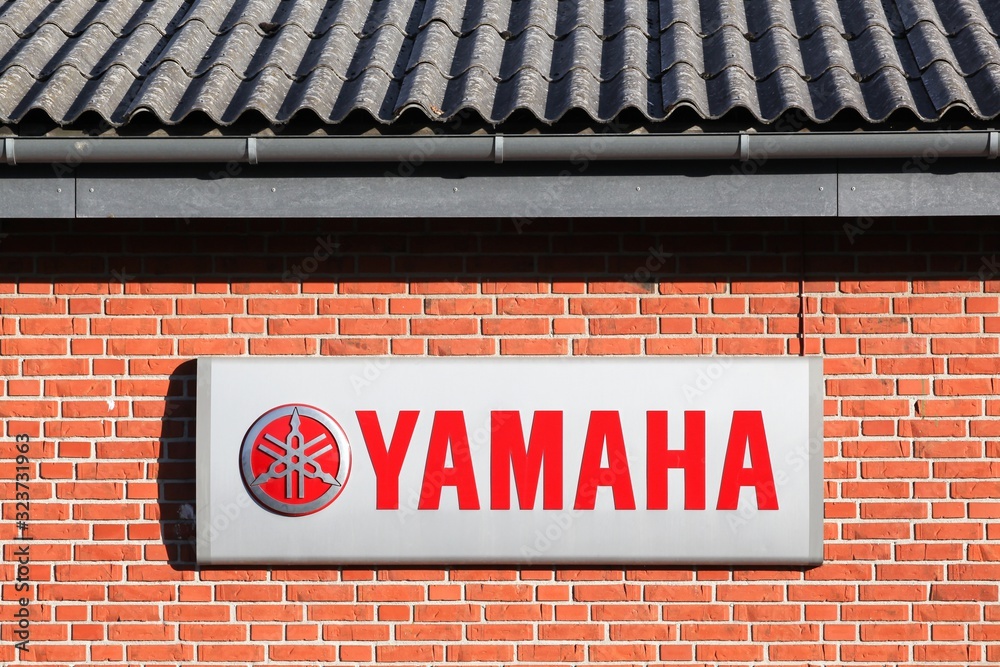 Skanderborg, Denmark - July 16, 2019: Yamaha logo on a wall. Yamaha is ...