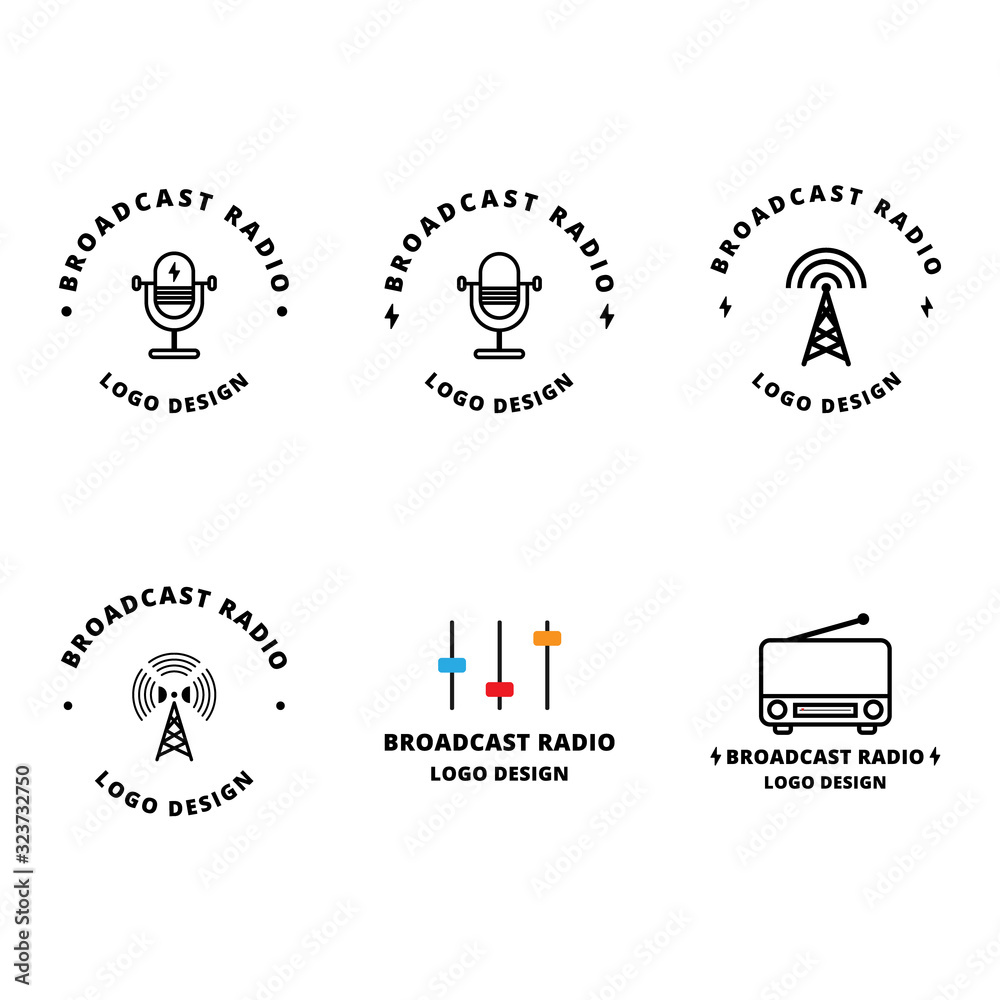 Broadcast radio logo template. Radio and microphone vector emblems set ...