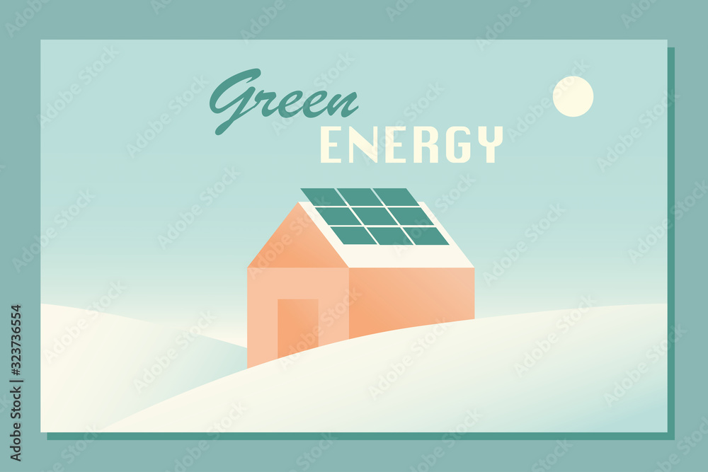 Green energy lettering and cottage house with solar panels on roof and ...