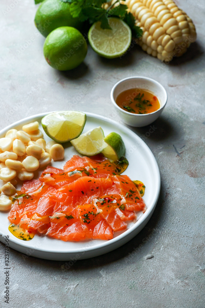 tiradito de salmon - Peruvian dish of raw fish, carpaccio Stock Photo ...