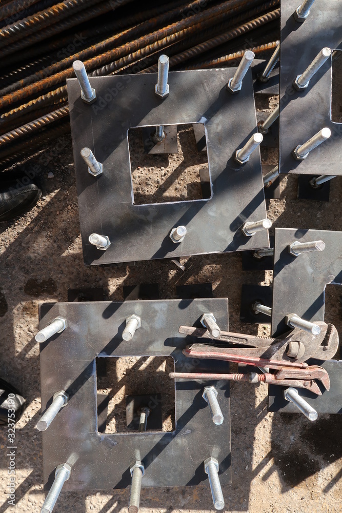 Construction site for a building with a steel structure. Plates with ...