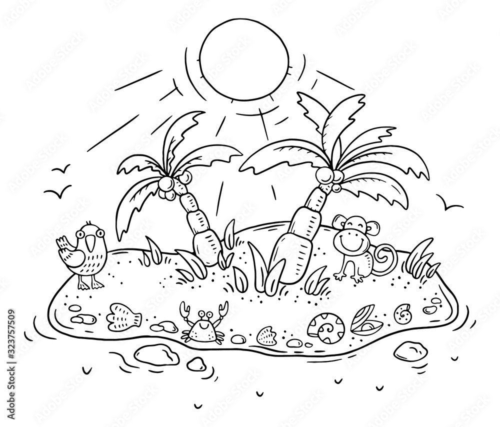Small cartoon tropical island with palms and animals, coloring page ...