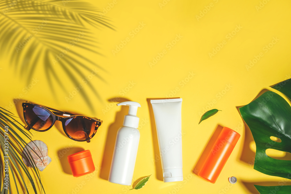 Sunscreen. Prevention of photoaging. Flat lay, natural cosmetics SPF ...