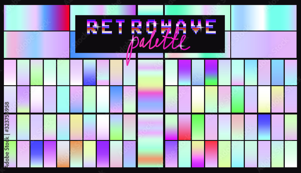 Set of duotone and holographic swatches for trendy coloring. Retrowave ...
