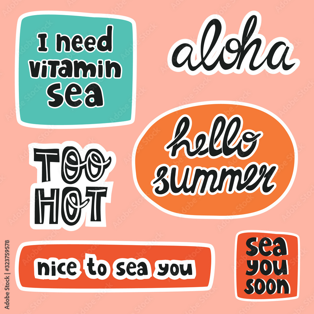Fun summer quotes lettering stickers and clip-art set. I need vitamin ...