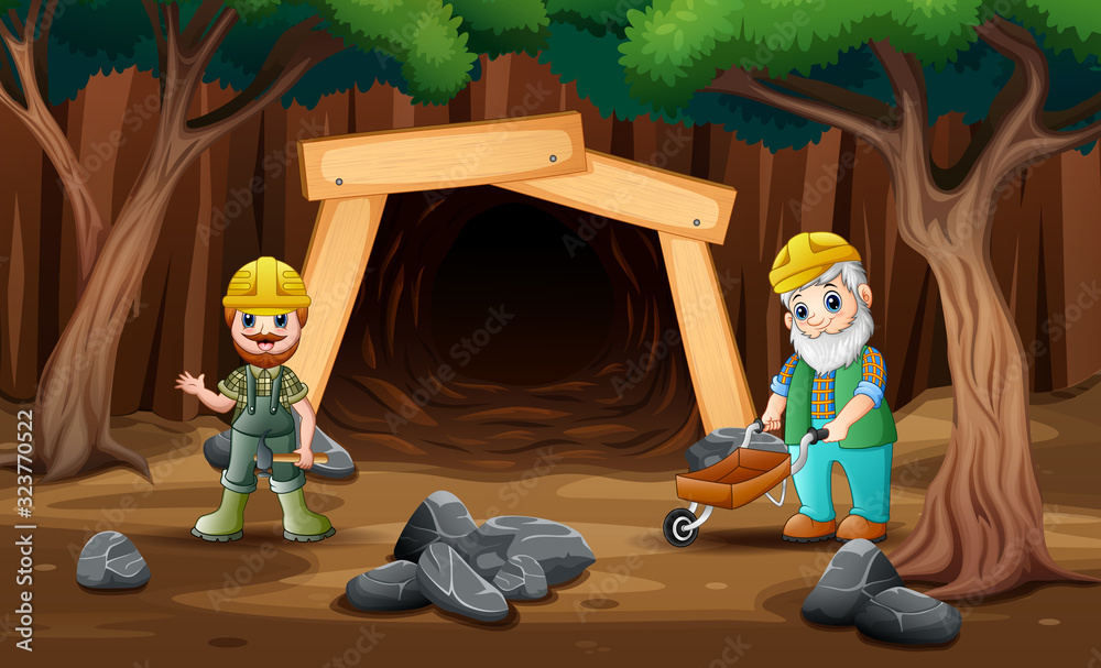 Cartoon mine entrance with gold miner worker Stock Vector | Adobe Stock