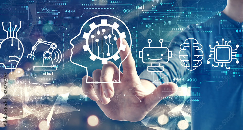 Future technology concept with a man on blurred city background Stock ...