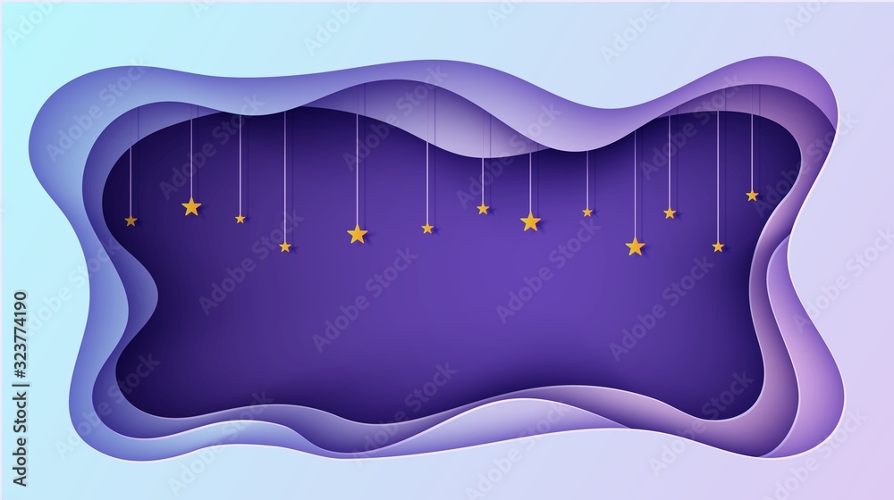 Night sky rectangular frame with stars on rope in paper cut style. Cut out 3d background with ...
