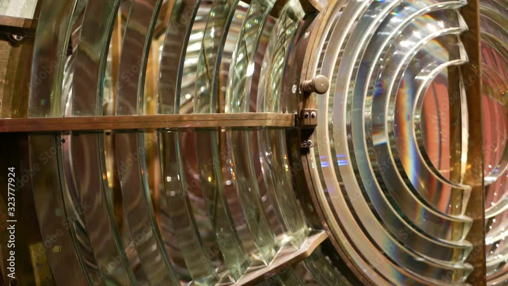 Fresnel lens with brass structure, nautical lighthouse tower. Detail of ...