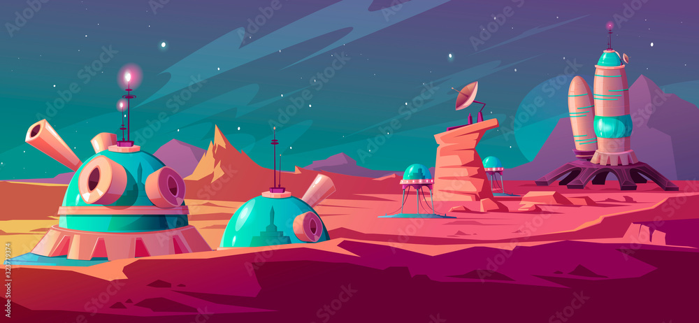 Landscape of Mars surface with colony buildings. Astronaut base on red ...