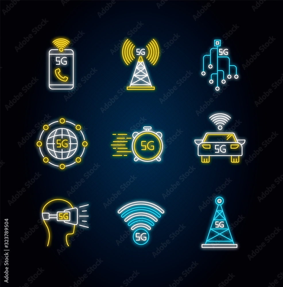 5G wireless technology neon light icons set. Cell tower, improved phone ...
