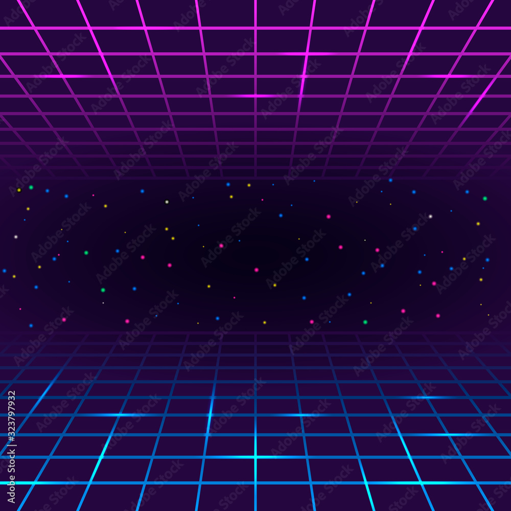 Retro vintage neon grid horizon of the 80s and 90s. Banner for printing ...
