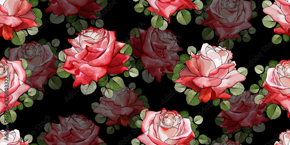 Seamless floral pattern with flowers red rose and green leaves on black ...