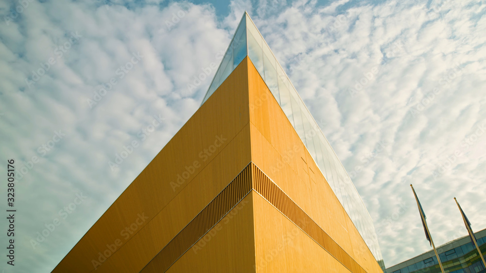 Bottom view of part of an unusual triangular-shaped structure with a ...