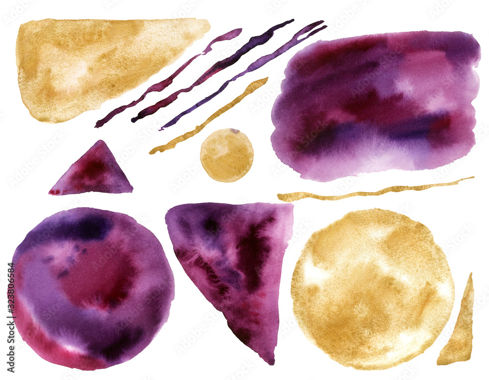 Set of hand painted watercolor elements, golden purple shapes for decor ...