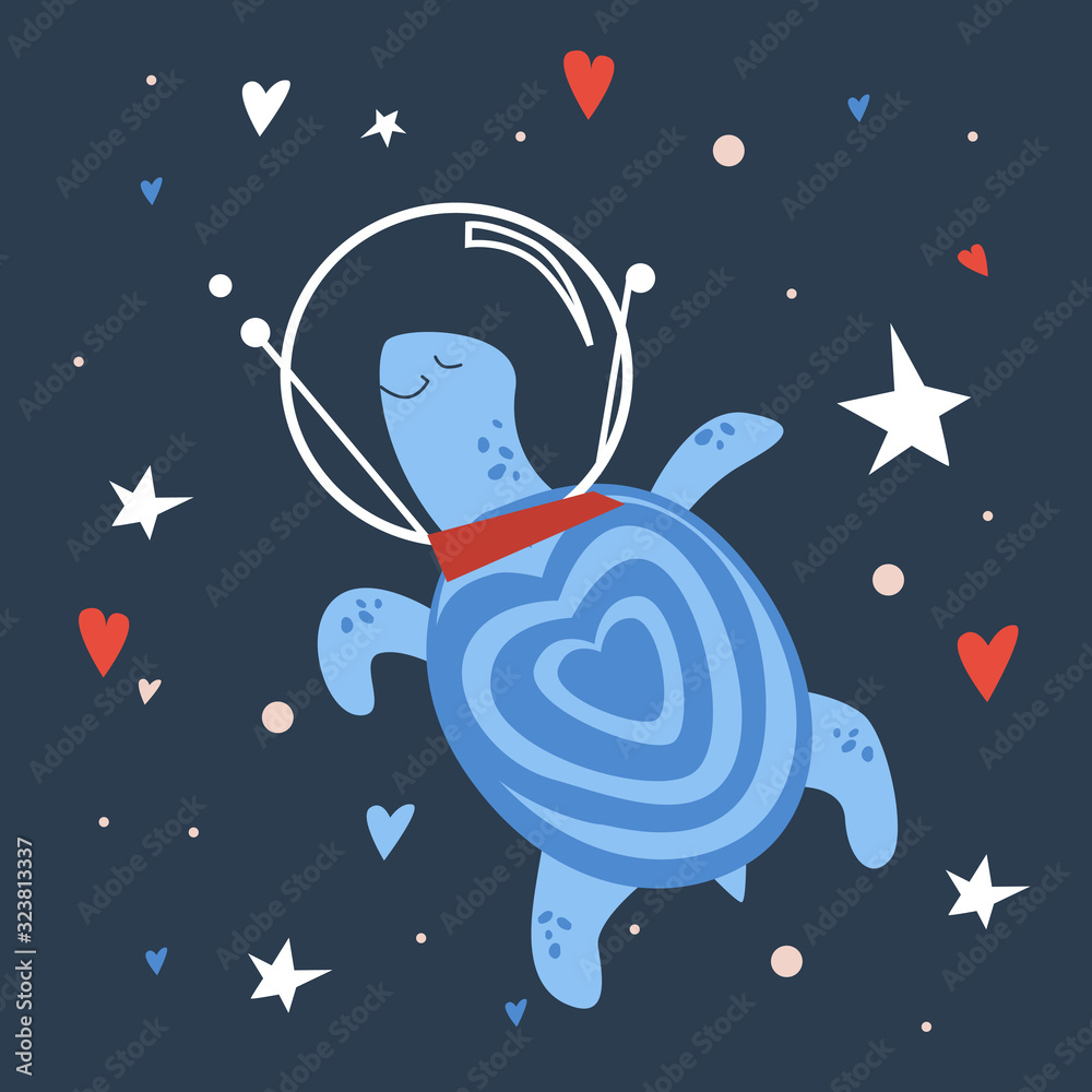 Vector handdrawn cute illustration of turtle in the space helmet on the ...
