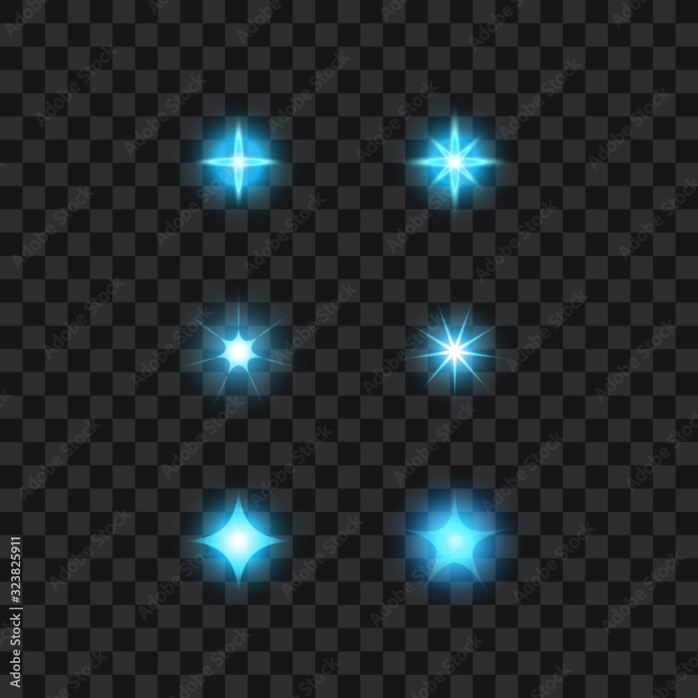 Set of blue glowy stars, isolated on transparent background, vector ...