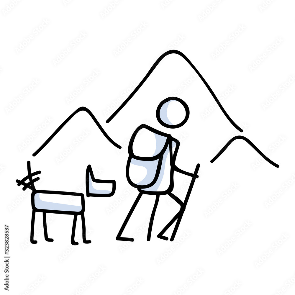 Hiking stick figure mountain with dog line art icon. Carrying backpack ...