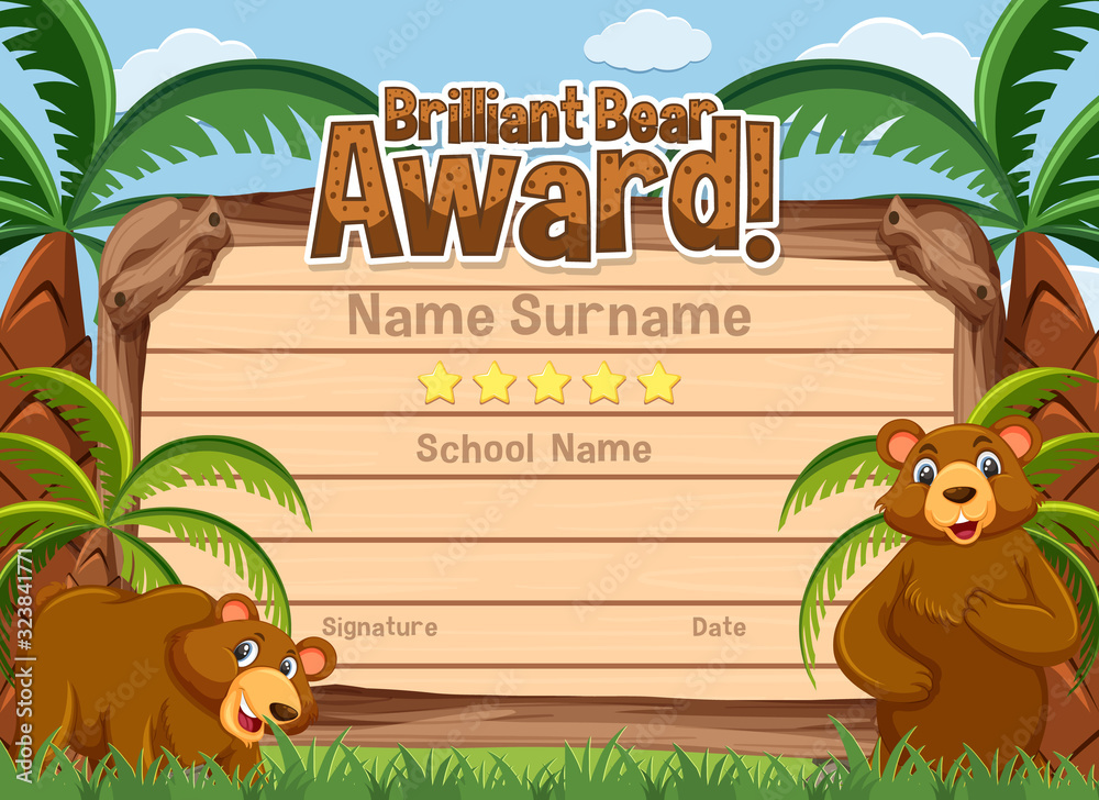 Certificate template for brilliant award with bears in background Stock ...