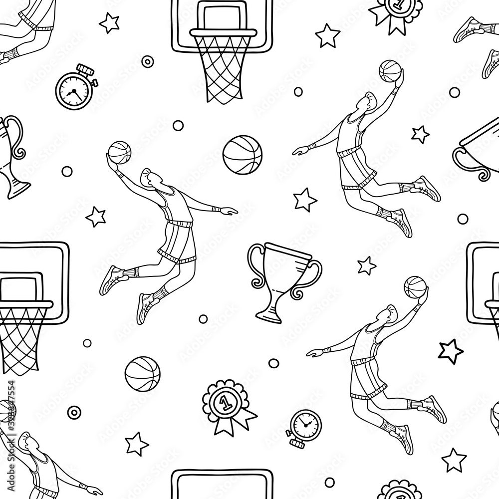 Basketball doodle concept. Seamless pattern of hand drawn basketball ...