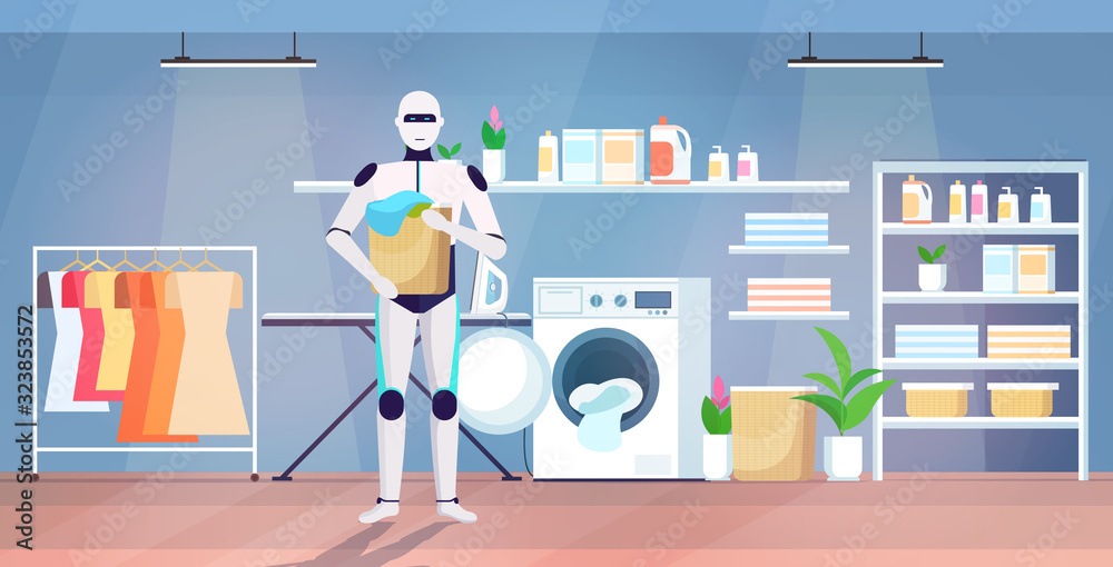 robot putting dirty clothes into washing machine artificial ...