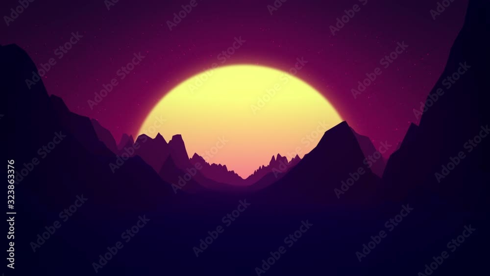 Retro wave and synthwave digital landscape, sunset, mountains. Bright ...