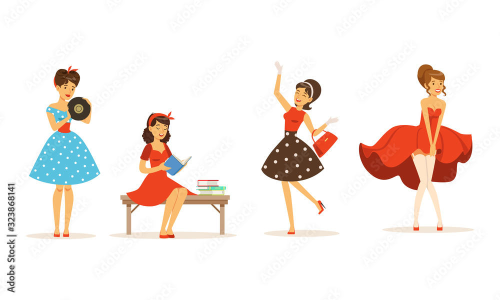 Collection of Young Women Dressed Vintage Stylish Clothes, Pretty Retro ...