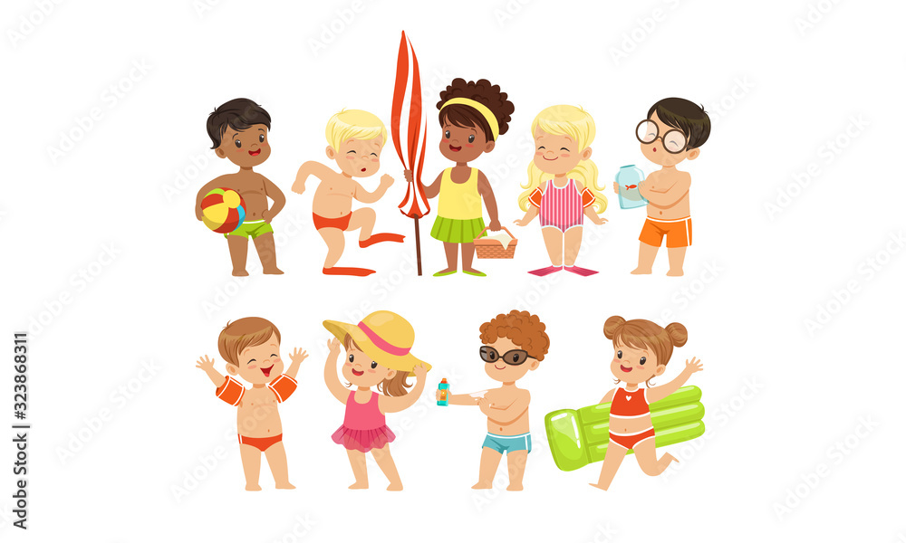 Cute Happy Boys and Girls Playing, Swimming and Having Fun at the Beach ...