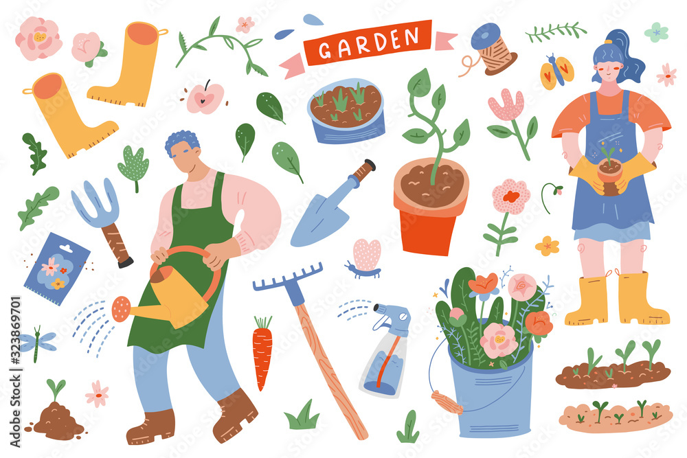 Gardening scene creator. Vector illustrations of people in garden with ...