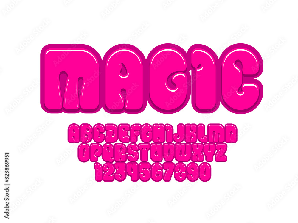Glossy font, pink bold alphabet in the cartoon style, bright rounded ...