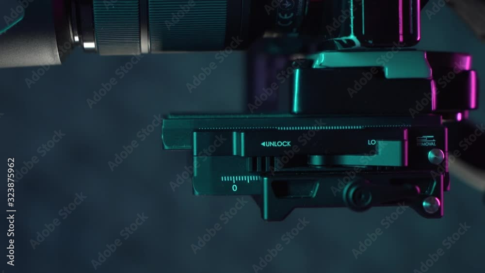 Close up footage of attached plate for gimbal. Camera is attached on ...